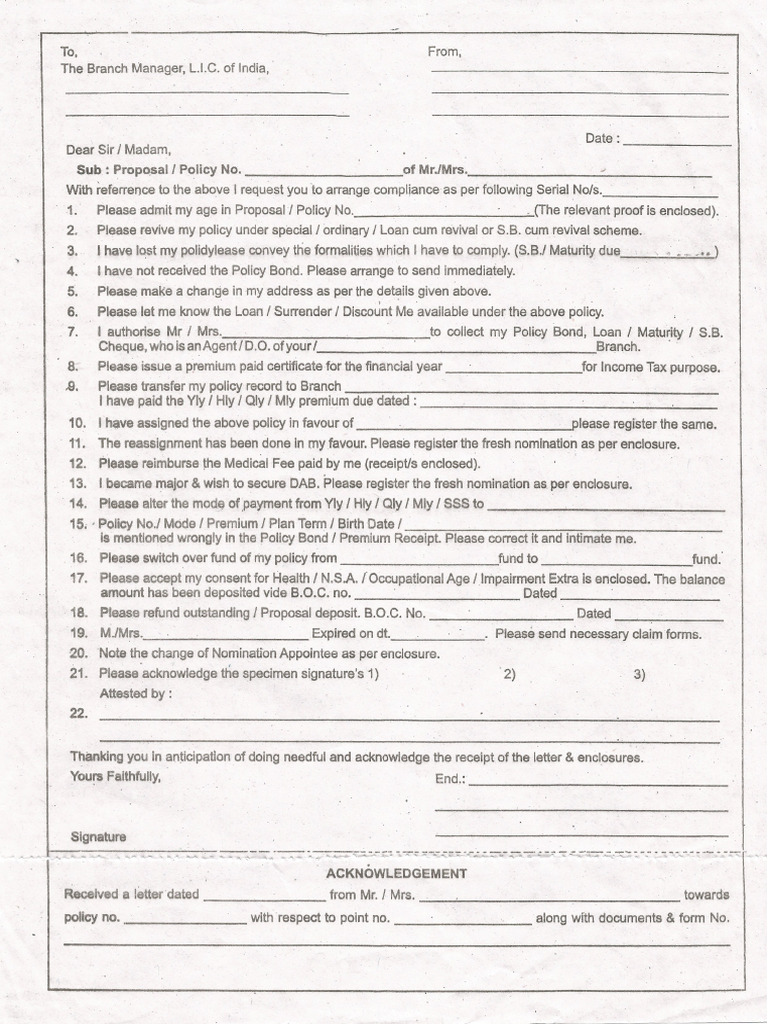 LIC Multipurpose Form | PDF