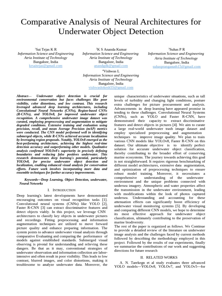 Comparative Analysis Of Neural Architectures For Underwater Object