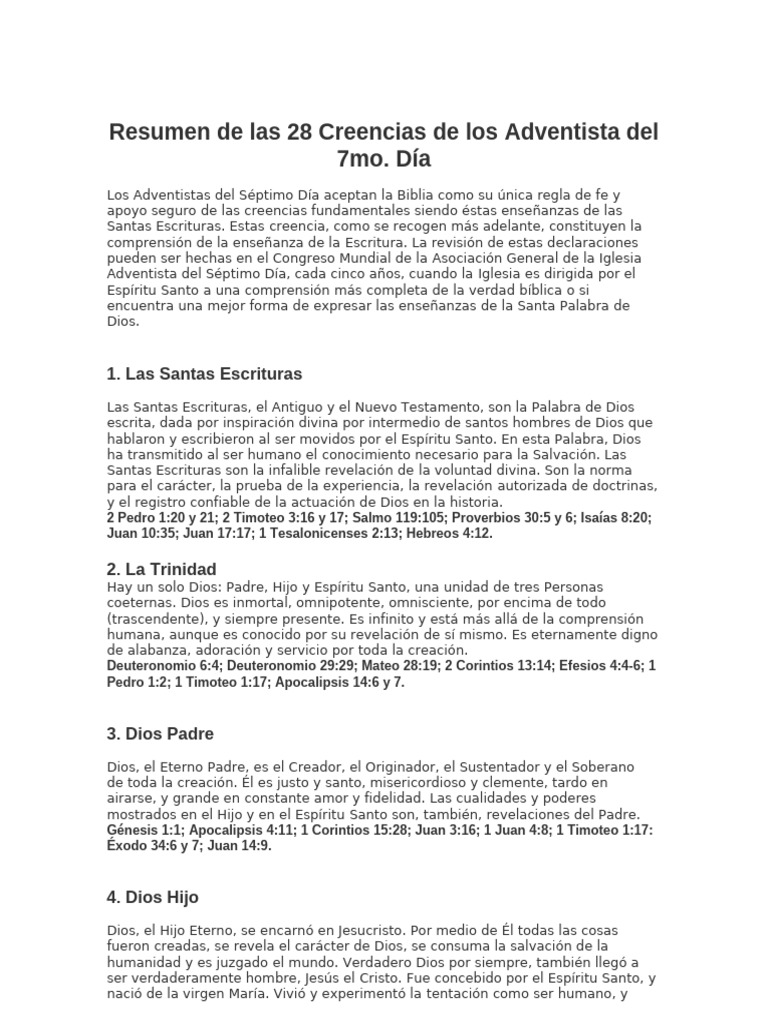 Resumen de Las 28 Creencias de Los Adventista Del 7mo. Día | PDF