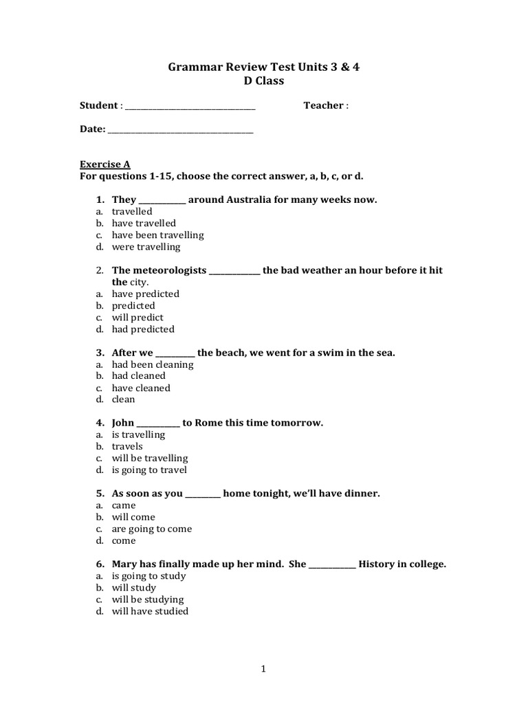 D - 2015 Grammar Review Test Units 3 - 4 | PDF