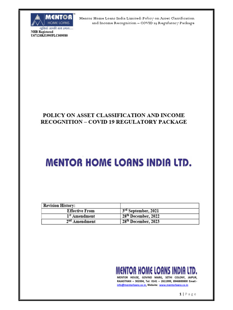 Policy On Asset Classification and Income Recognition | PDF