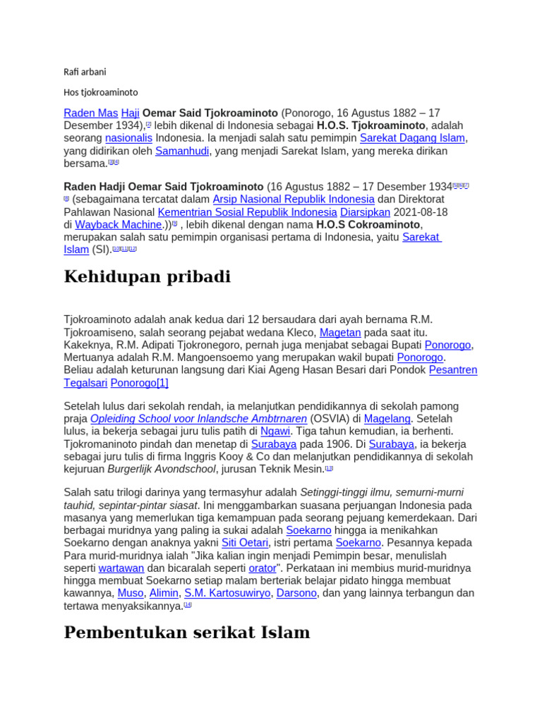 Rafi Arbani Hos Tjokroaminoto | PDF