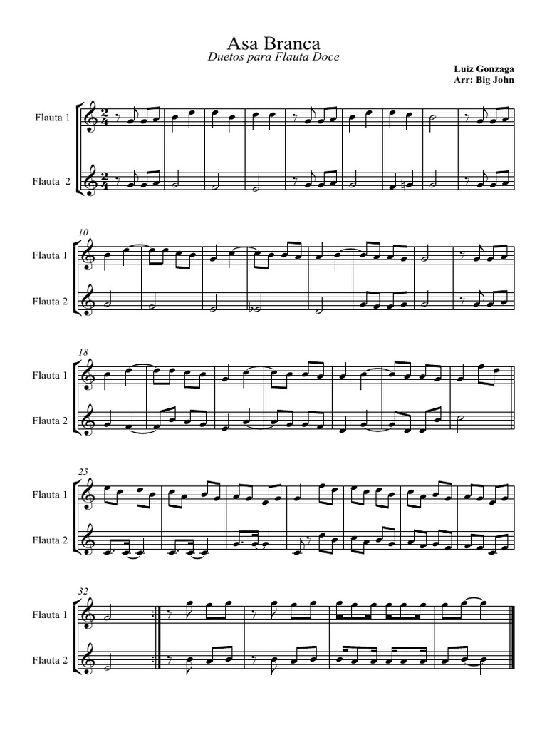 Asa Branca-Flauta Doce - Partitura Completa | PDF