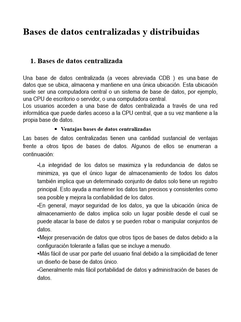 Bases de Datos Centralizadas y Distribuidas | PDF