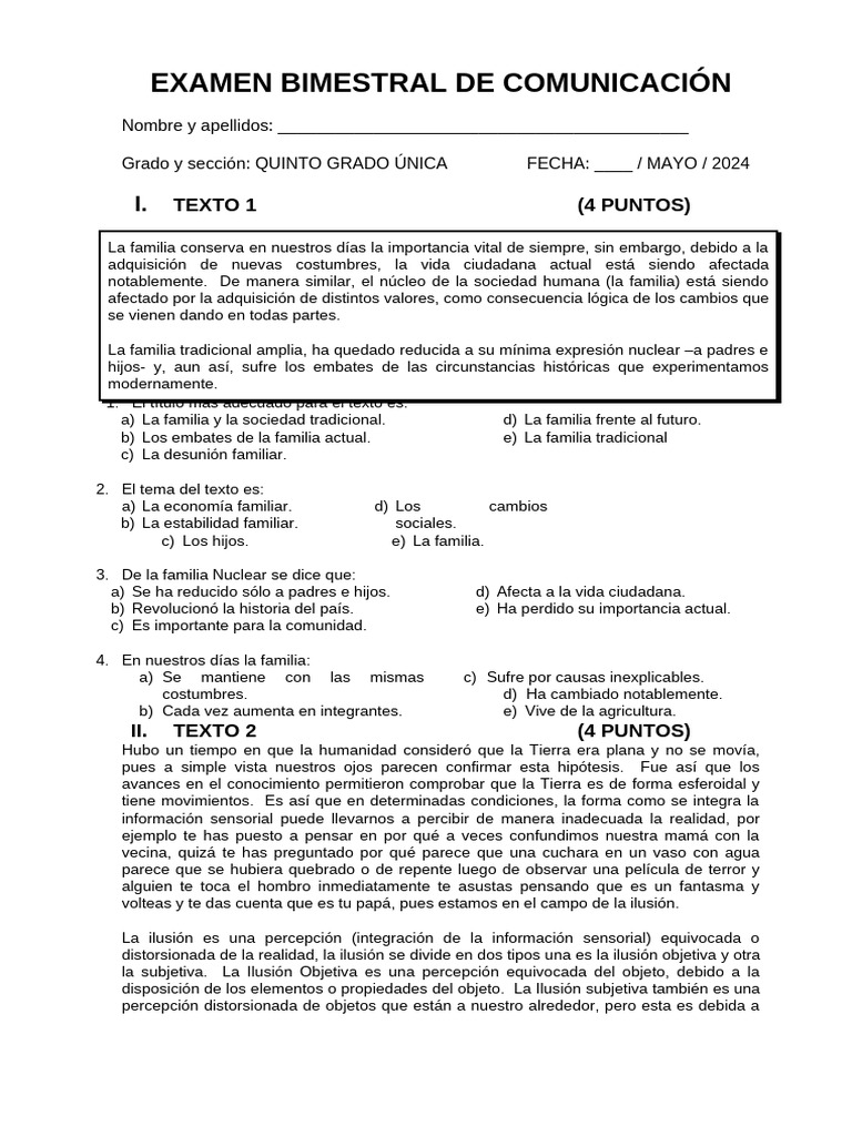 Examen Bimestral de Comunicación - Quinto Grado | PDF