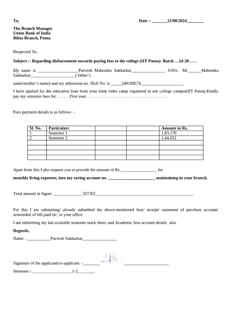 Request Letter For Disbursement of Fees IIT | PDF