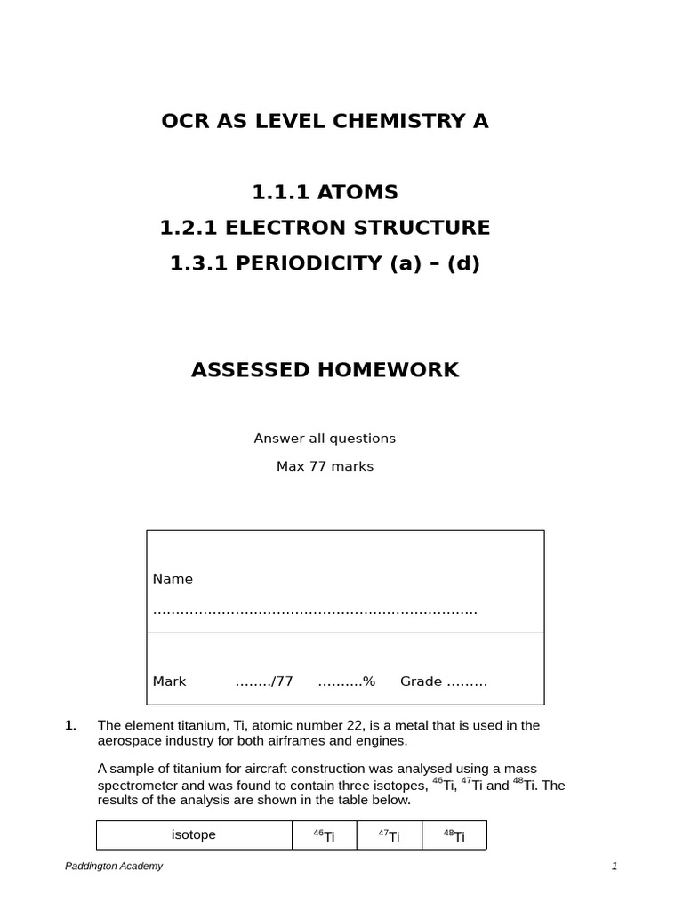 Atoms Electron Structure and Periodicity HW | PDF