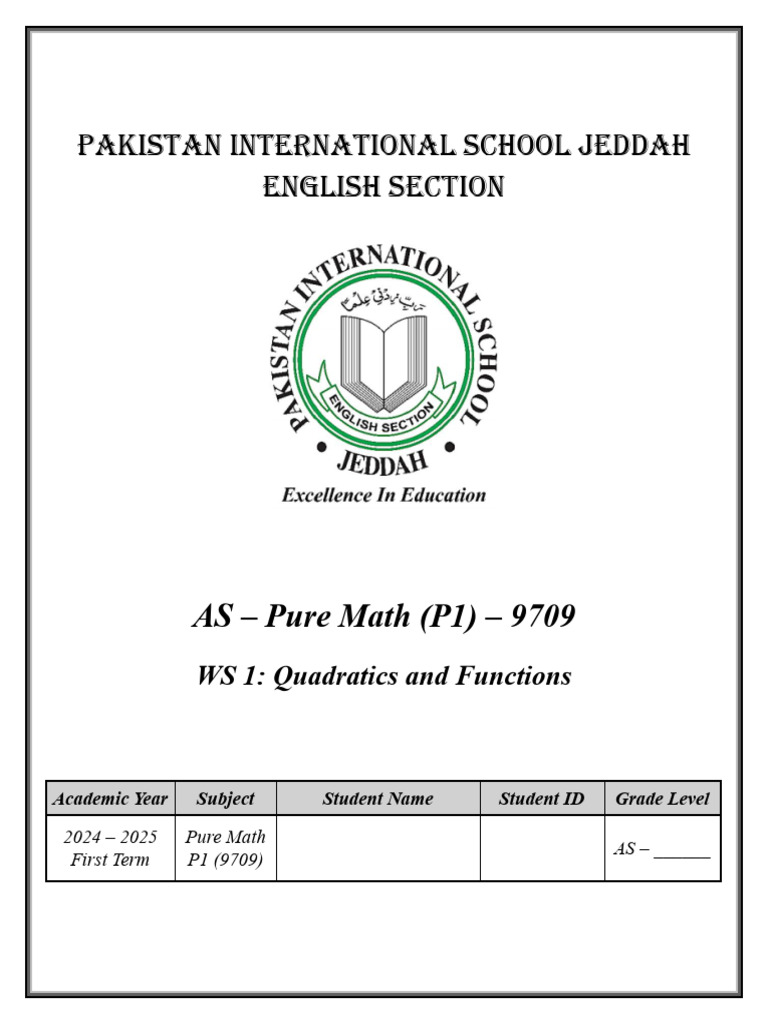 WS 1 - Quadratics and Functions | PDF