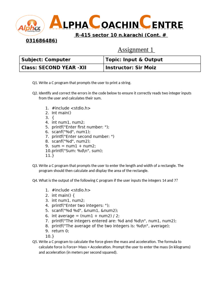 Assignment 1 Input and Output | PDF