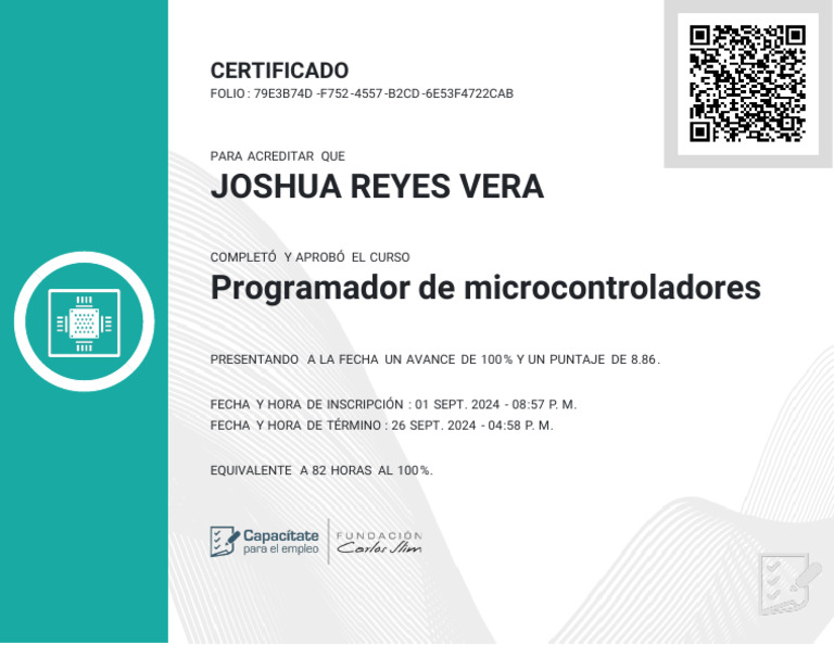 Certificado Programador Microcontroladores Reyes Vera Joshua | PDF