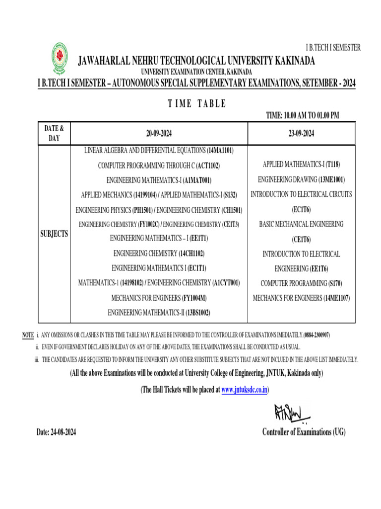 IIIIIIIV B.tech I II Sems Autonomous Colleges Special Supple Exams Sep ...