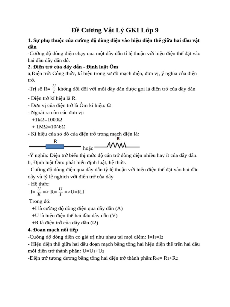 Đề Cương Vật Lý GKI Lớp 9 | PDF