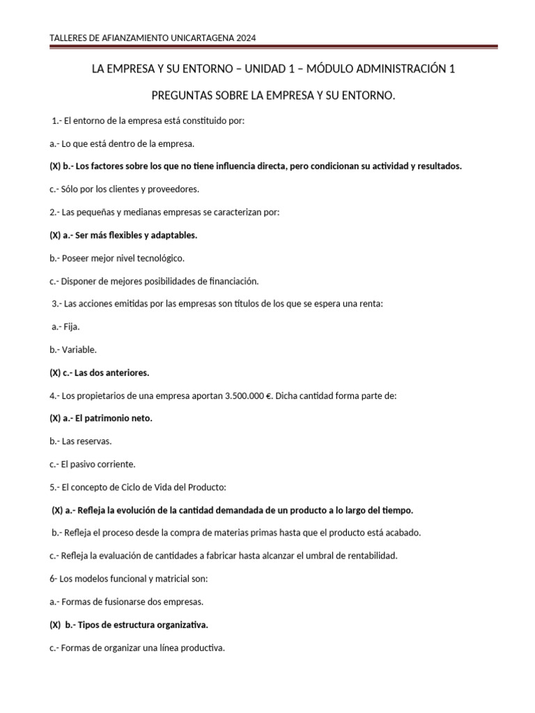 La Empresa y Su Entorno - Taller Unidad Uno Admon 1 | PDF