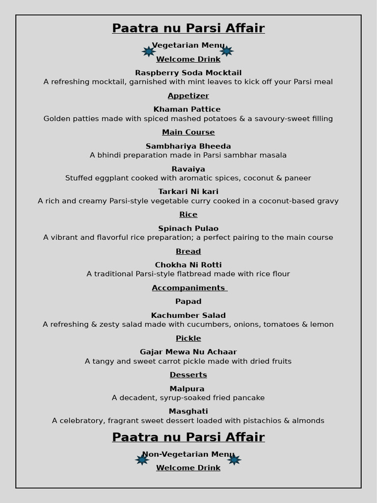 Parsi Menus - Veg & Non-Veg | PDF