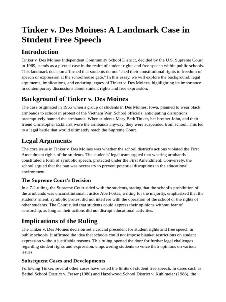 Tinker v. Des Moines: A Landmark Case in Student Free Speech | PDF