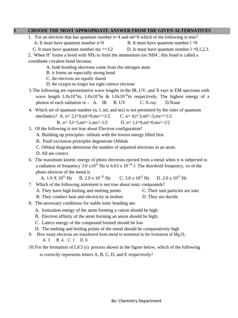 CHEM FINAL Grade 11 Wise | PDF