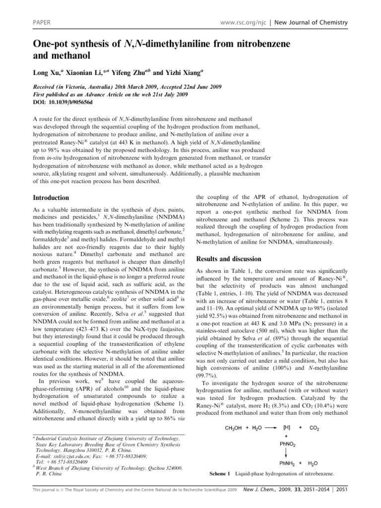 One-Pot Synthesis Of, - Dimethylaniline From Nitrobenzene and Methanol ...