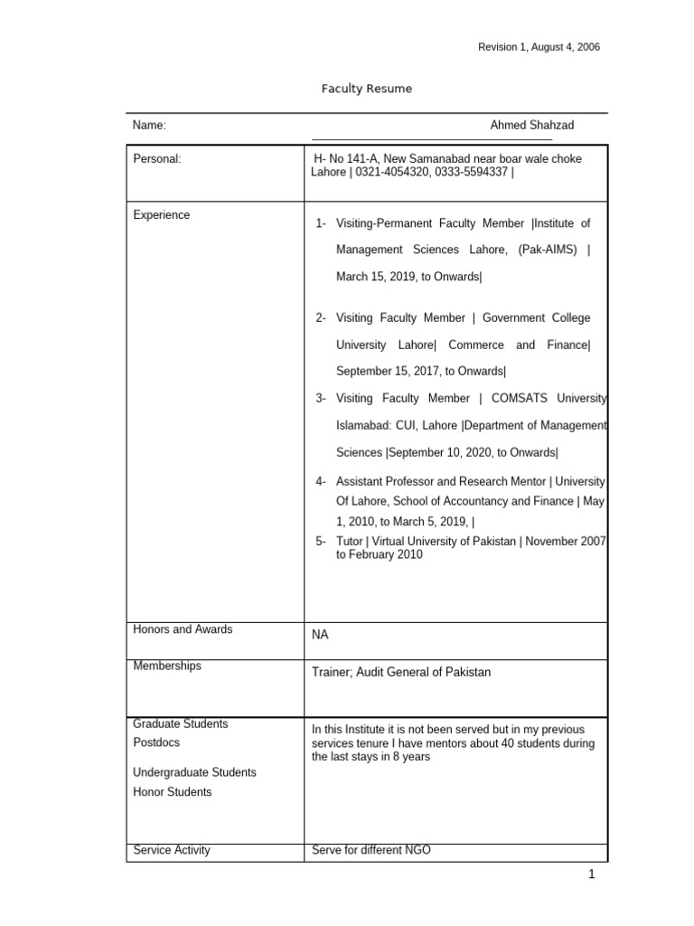 Ahmed Shahzad Resume HEC Format | PDF