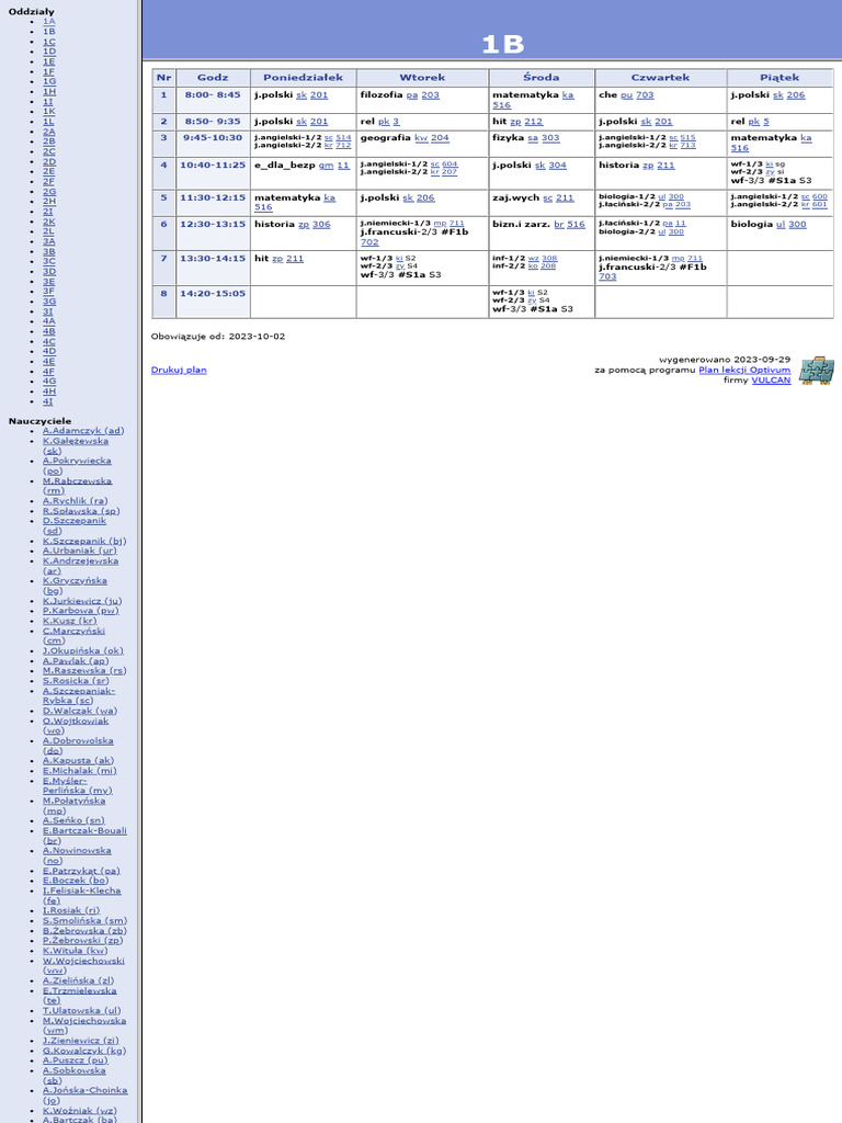 I Liceum Ogólnokształce Im. T. Kościuszki W Turku. Plan Lekcji | PDF