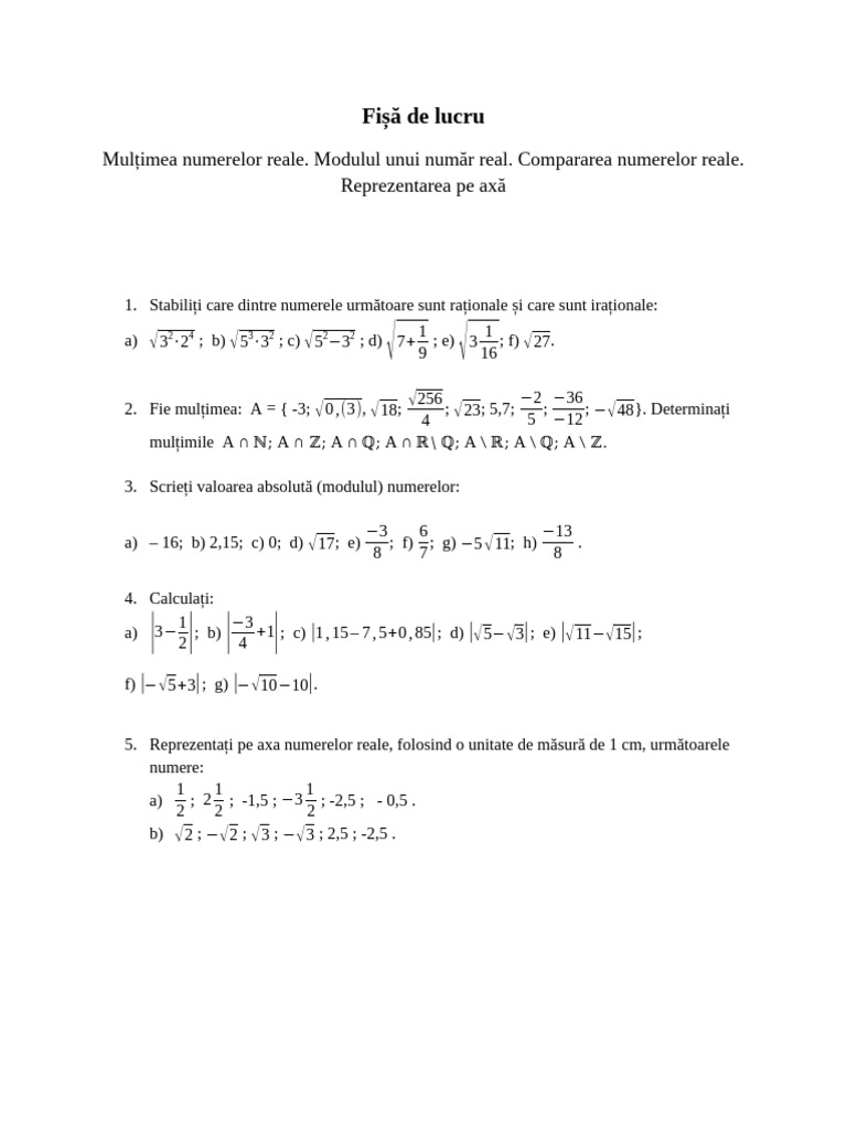 Fisa de Lucru 7a Modulul Unui Numar Real | PDF