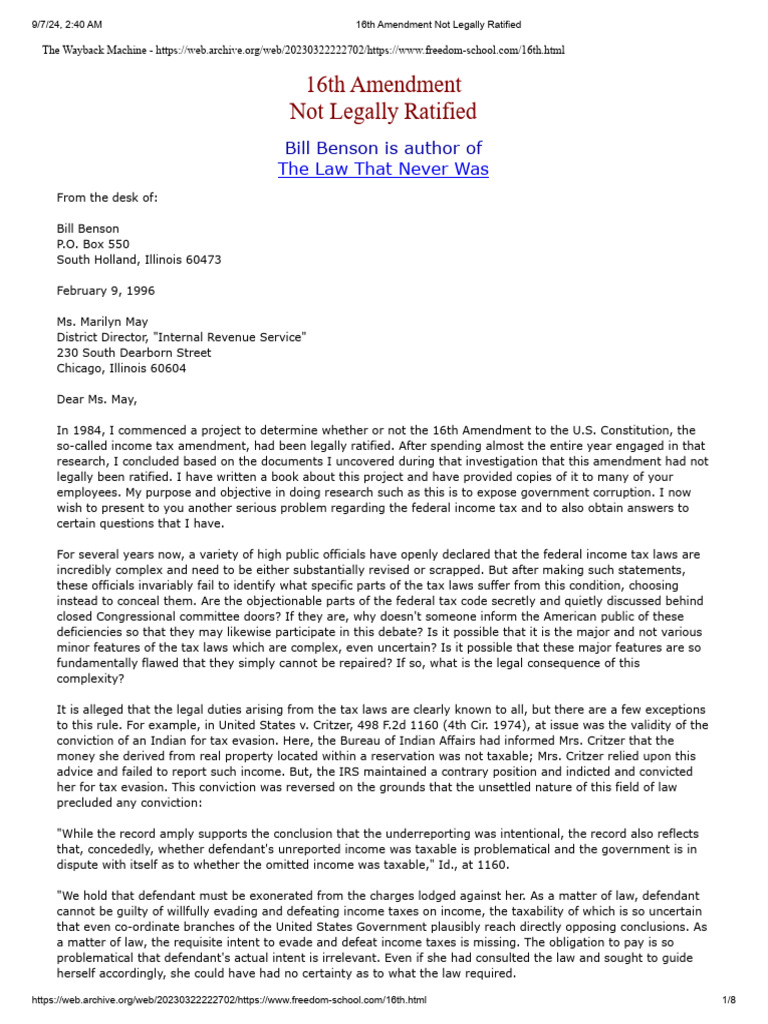 16th Amendment Not Legally Ratified | PDF