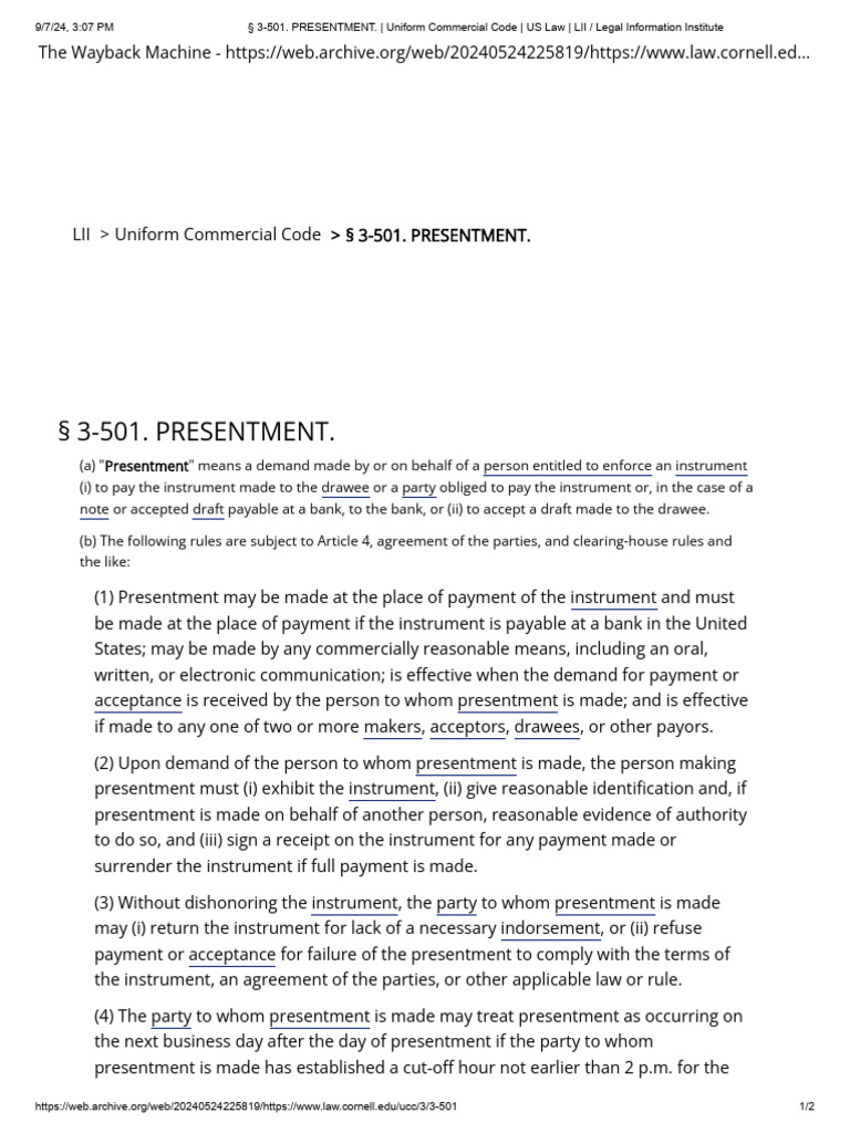 3-501. PRESENTMENT. - Uniform Commercial Code - US Law - LII - Legal ...