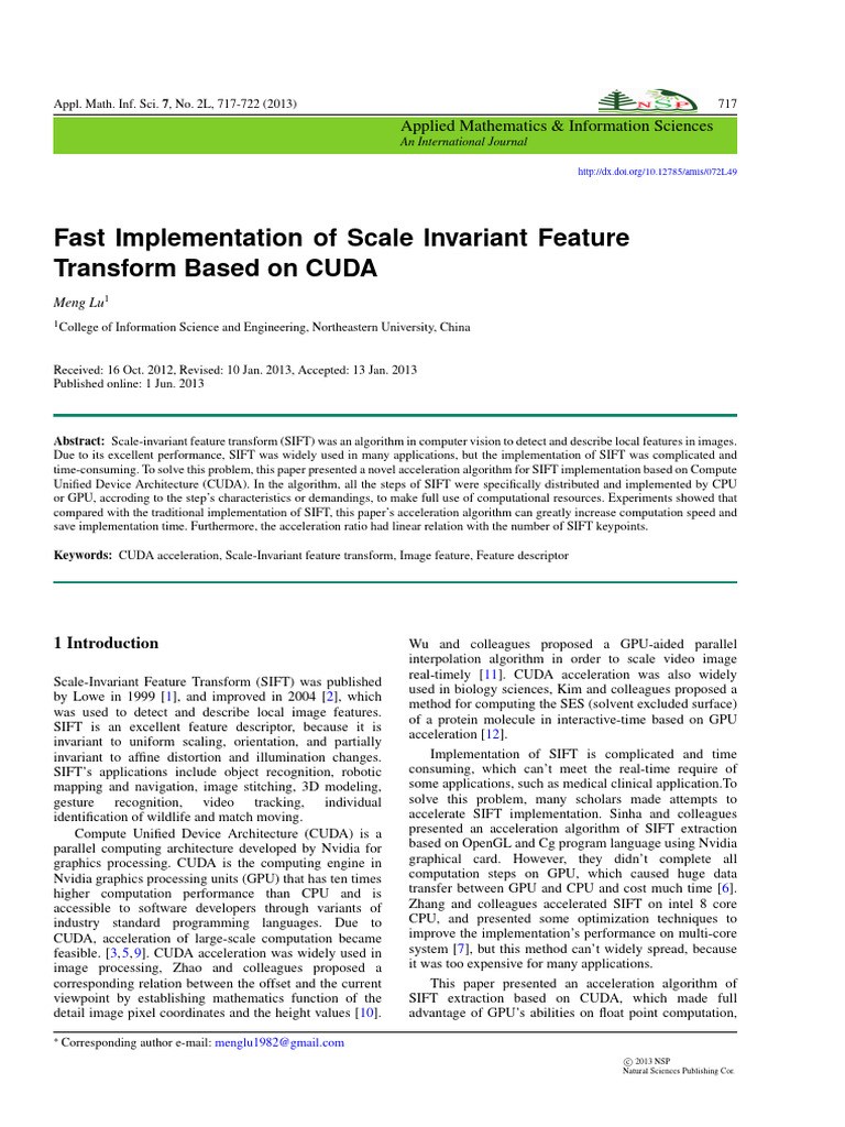Fast Implementation of Scale Invariant Feature Transform Based On CUDA | PDF