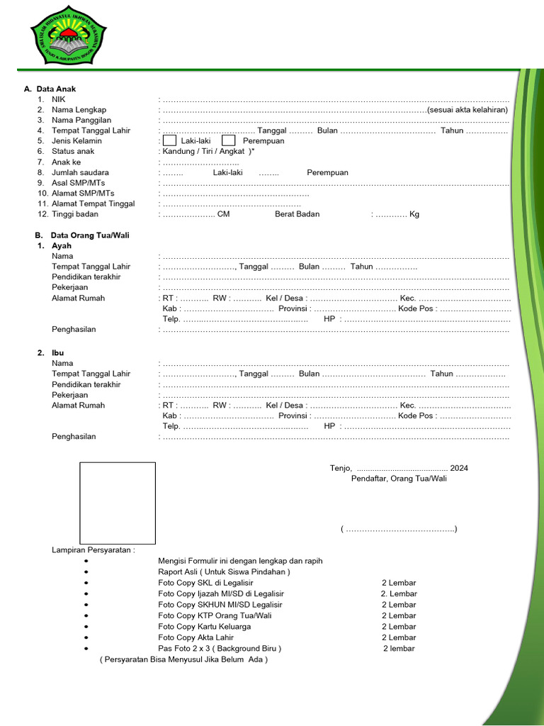 FORMULIR PENDAFTARAN SISWA BARU Mts | PDF