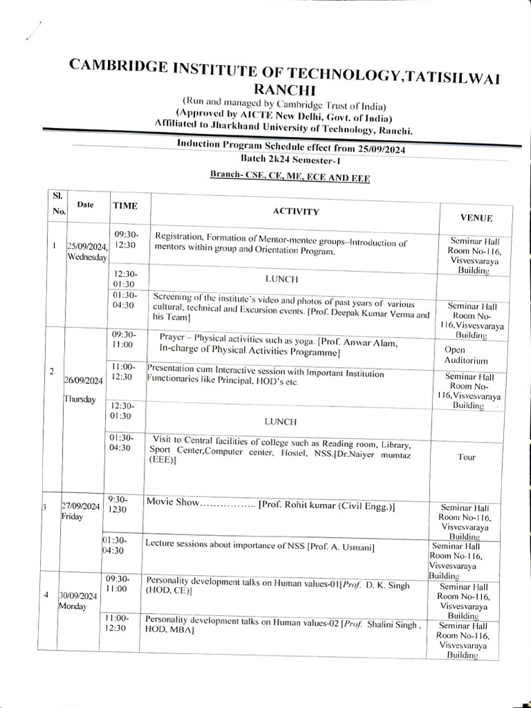 Induction Program Schedule | PDF