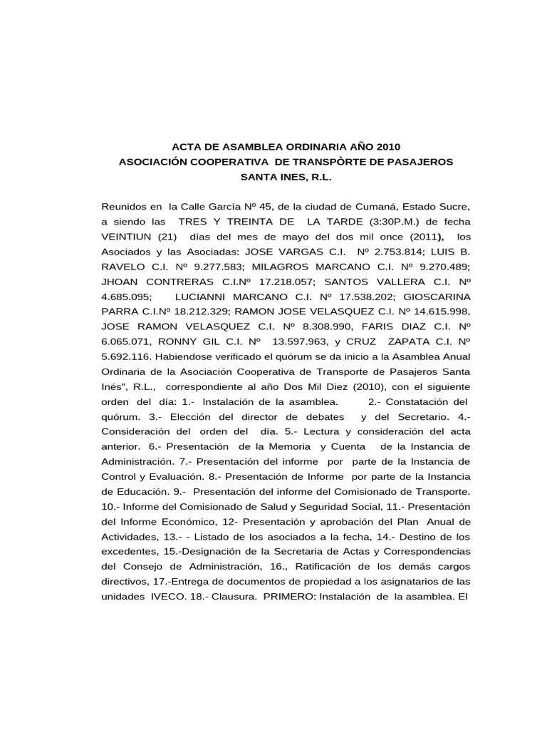 Acta de Asamblea Ordinaria Cooperativa | PDF