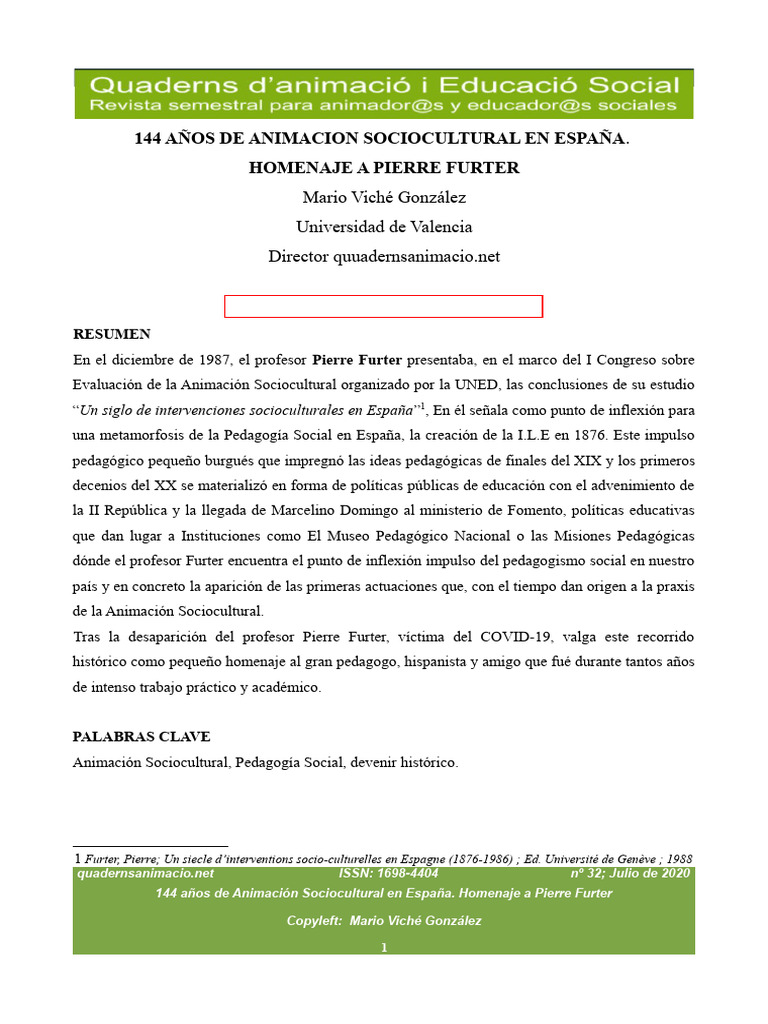 Lectura 2. 144 Años de Animación Sociocultural en España. Homenaje A ...