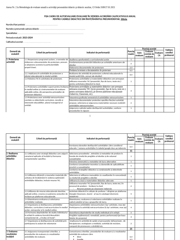 Fisa Autoevaluare Stiinte Evidentiata Rosu2023-2024 | PDF
