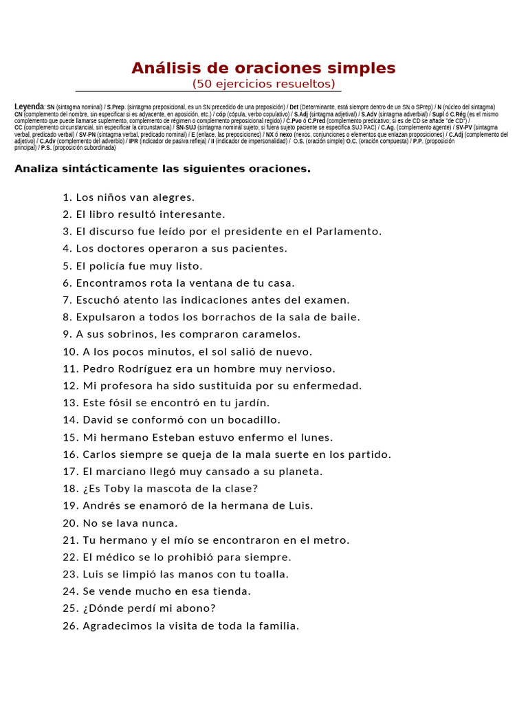 50 Análisis de Oraciones Simples | PDF | Predicado (Gramática ...