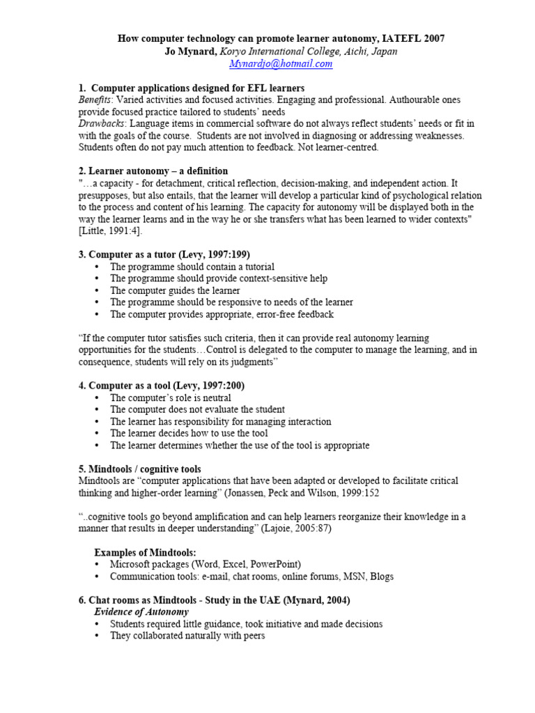 How Computer Technology Can Promote Learner Autonomy | PDF