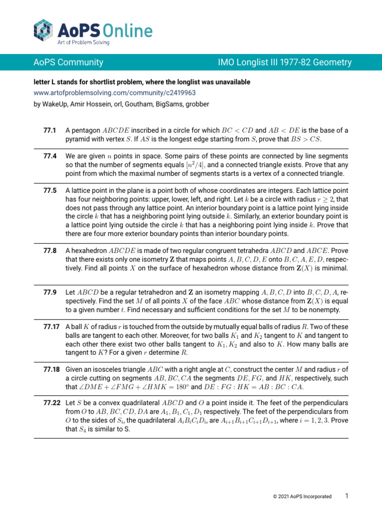 Aops Community Imo Longlist Iii 1977-82 Geometry | PDF