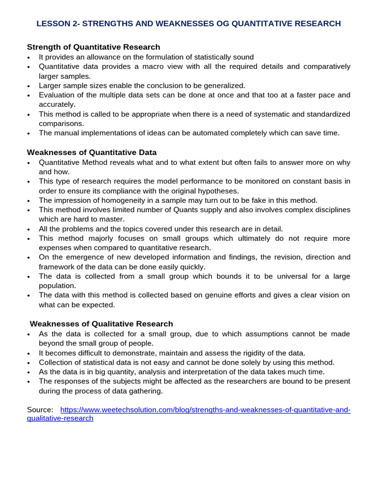 Lesson 2 Strengths and Weaknesses of Quantitative Research | PDF