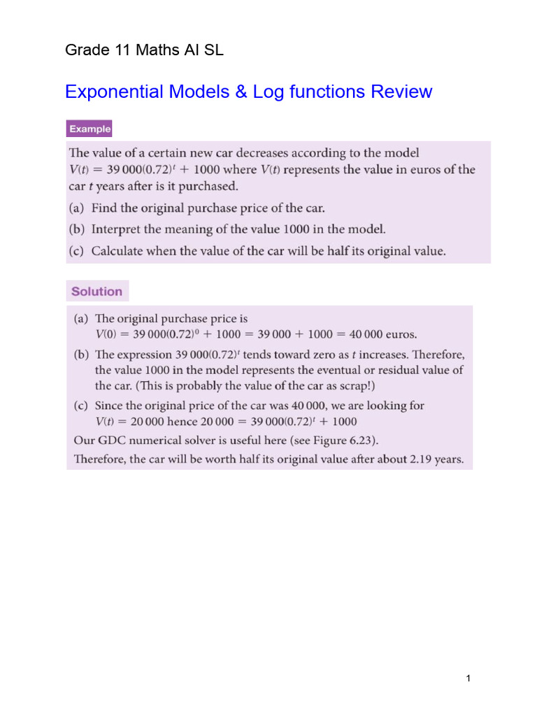 Exponential Models & Log Functions Review | PDF