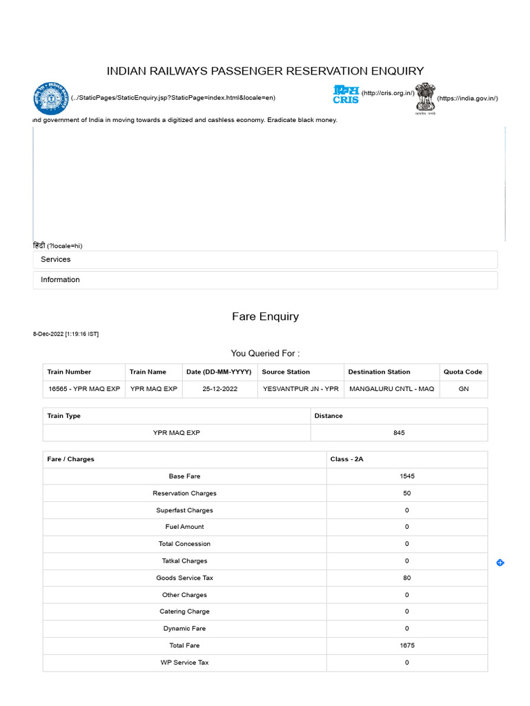 Ypr To Maq Train 2 Ac Fare On 25.12.2022 | PDF