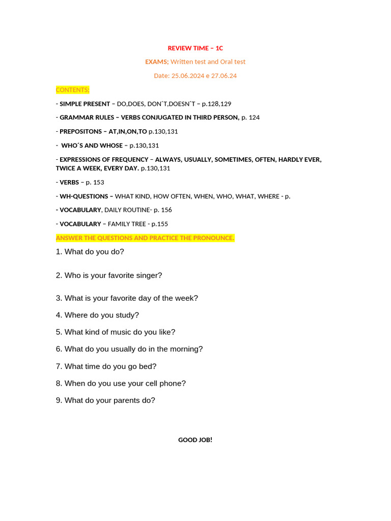 Review Time 1c - 2nd Bimester | PDF