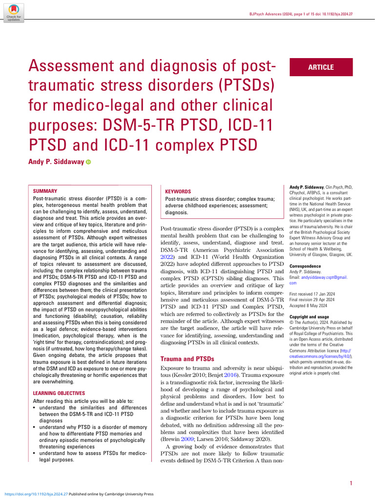 Assessment and Diagnosis of Post Traumatic Stress Disorders Ptsds For Medico Legal and Other ...