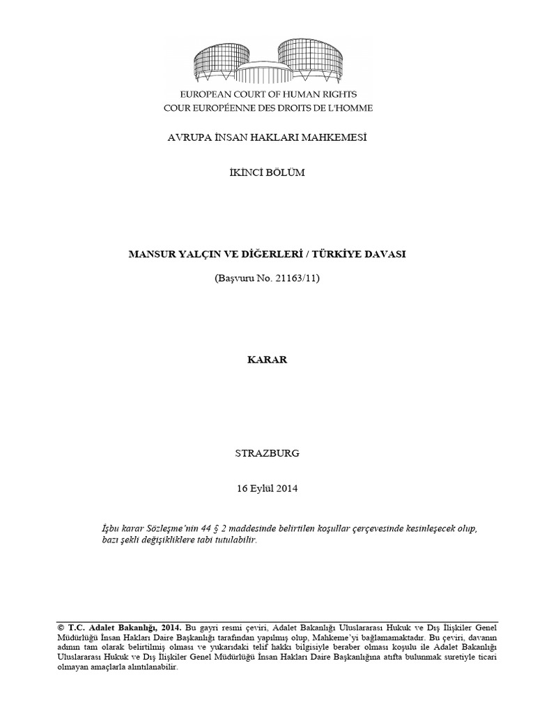 CASE OF MANSUR YALÇIN AND OTHERS v. TURKEY - (Turkish Translation) by ...