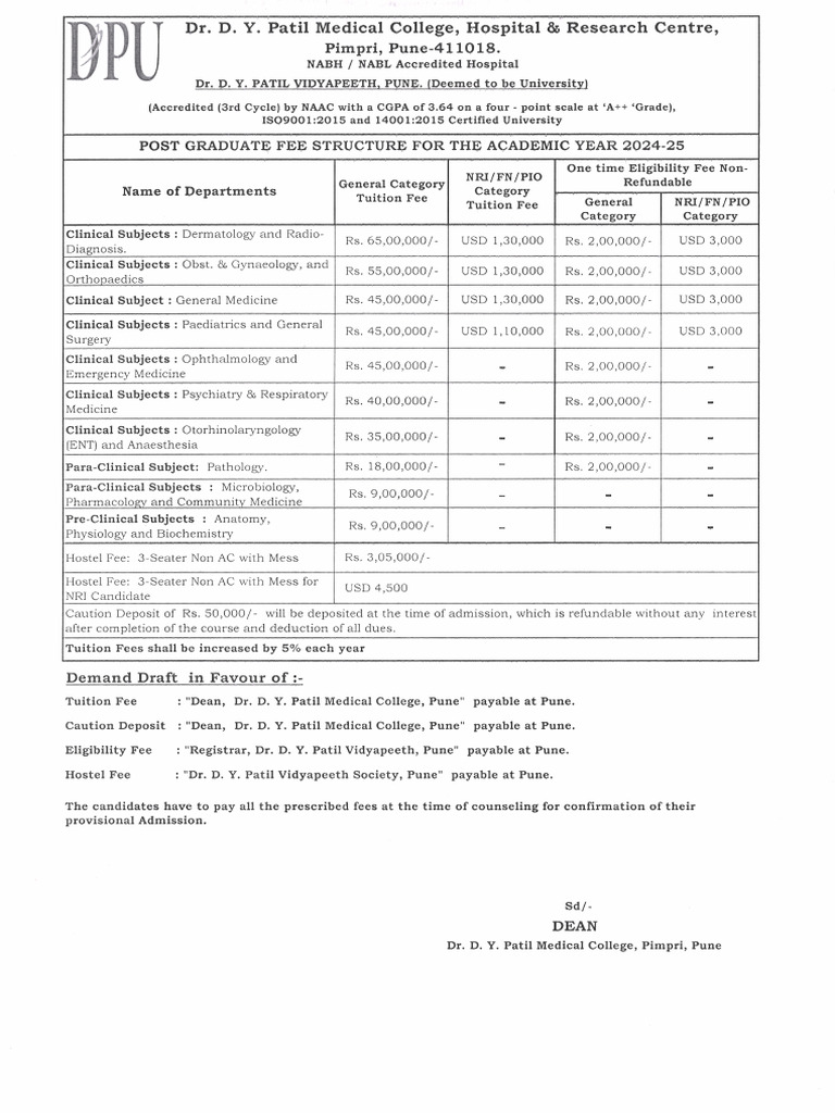 D Y Patil Fees 2024 PDF