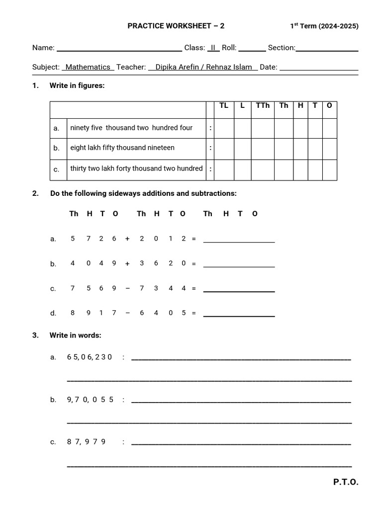 Practice Worksheet - 2 - Mathematics - Class II | PDF