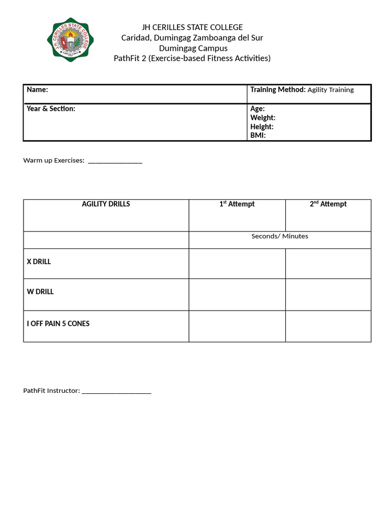 Agility Training Log for PathFit 2 | PDF