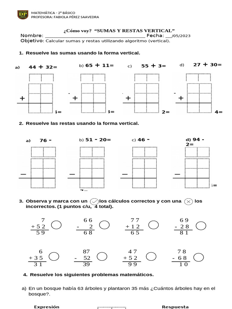 Guía Matemática Sumas y Restas Vertical | PDF