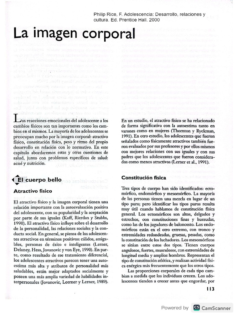 La Imagen Corporal (F. Philip Rice, Adolescencia Cap 5) | PDF