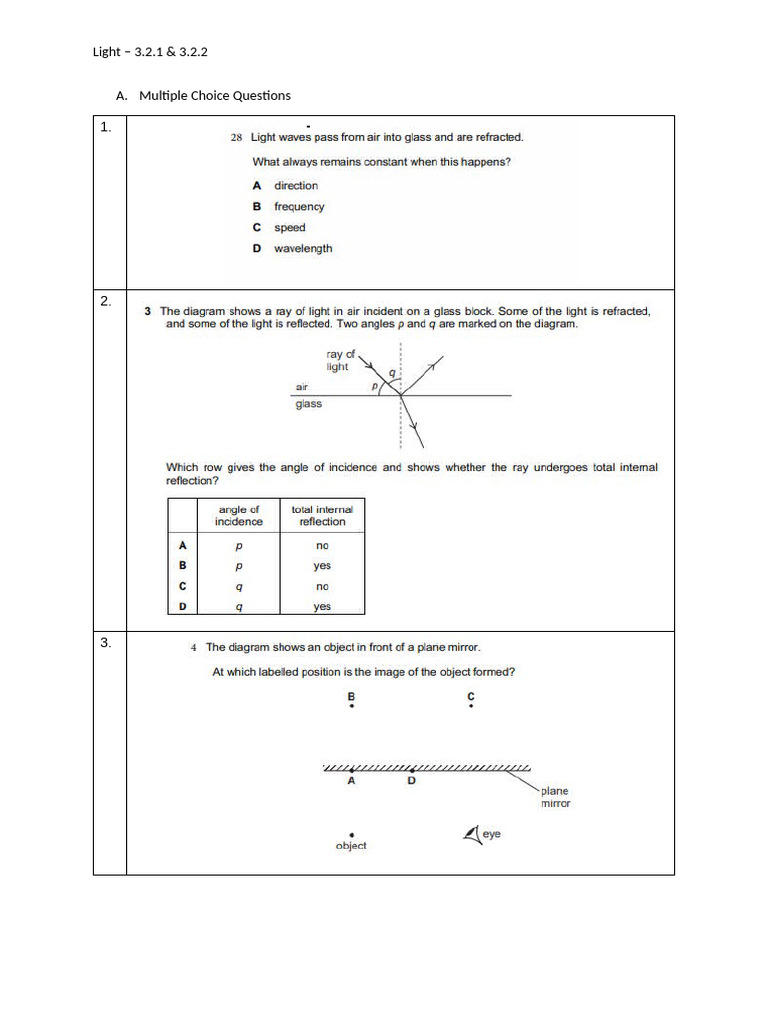 Light Practice Worksheet | PDF