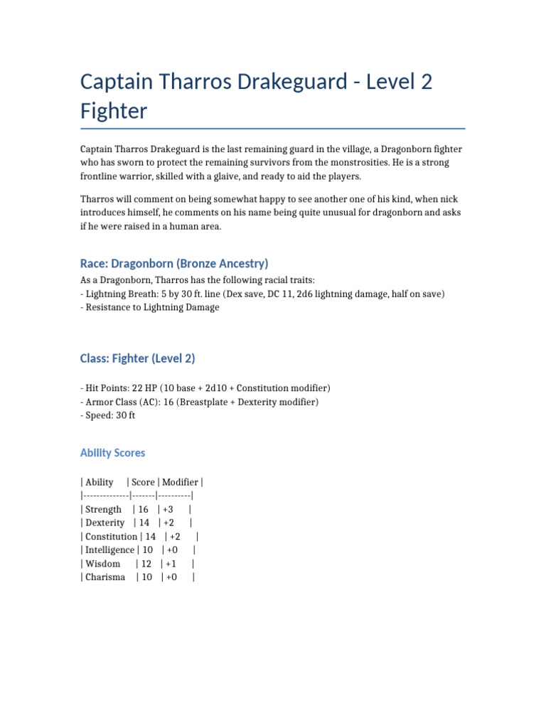 Captain Tharros Fighter Character Sheet | PDF
