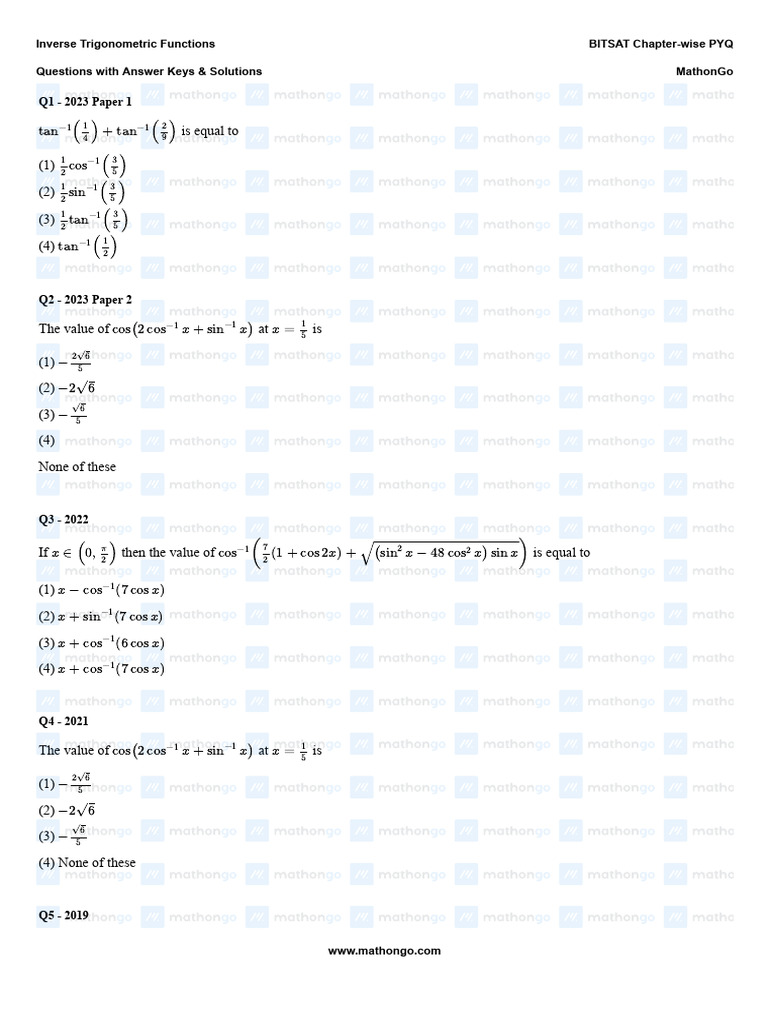 PYQ - Inverse Trigonometric Functions | PDF