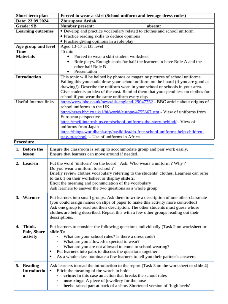 Forced To Wear A Skirt Lesson Plan | PDF